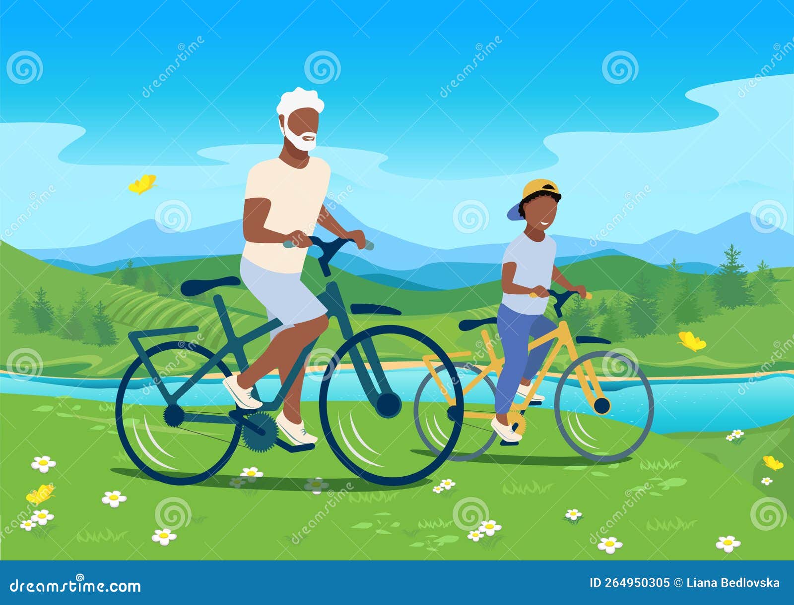 Happy Grandfather Rides a Bicycle with His Grandson Stock Vector ...