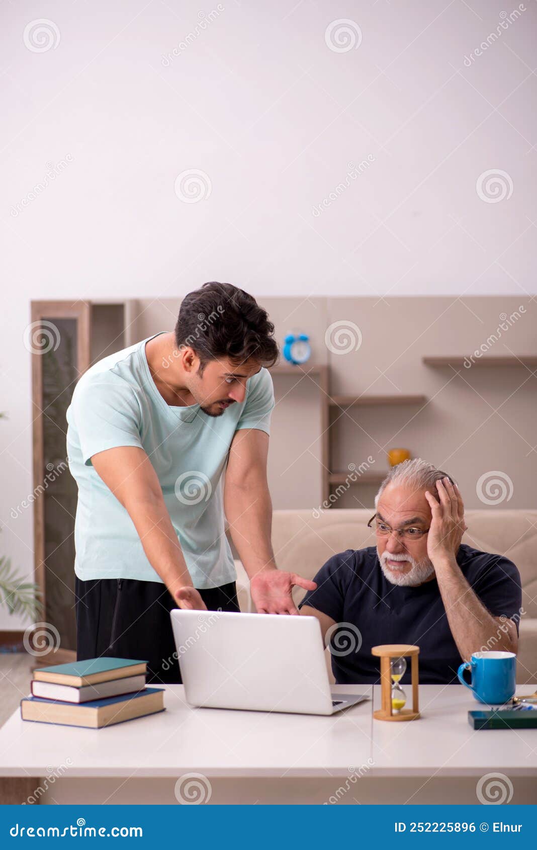 Grandfather and Grandson at Home with Computer Stock Photo - Image of ...