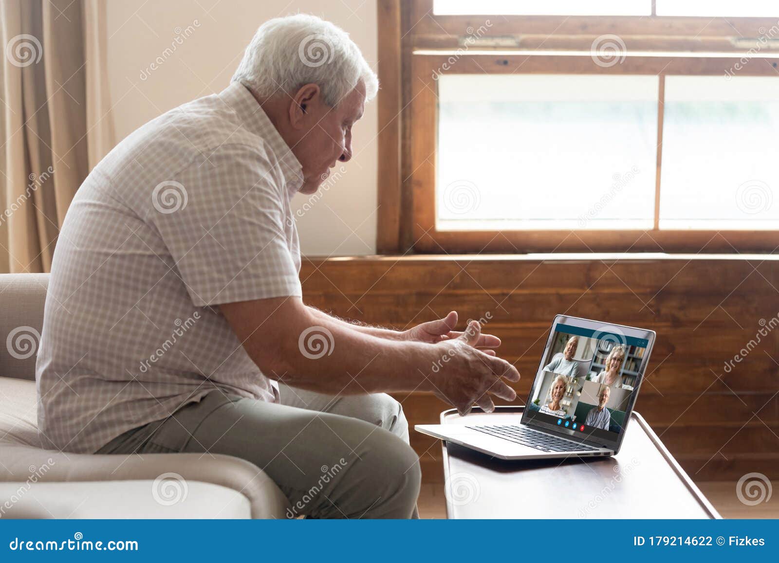 Grandfather Talking with Friends Using Pc Webcam and Videoconference ...
