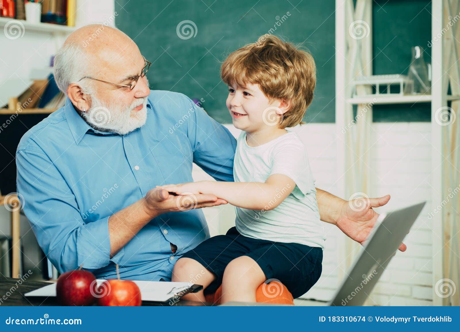 A Grandfather and a Toddler are Learning in Class. Boy from Elementary ...