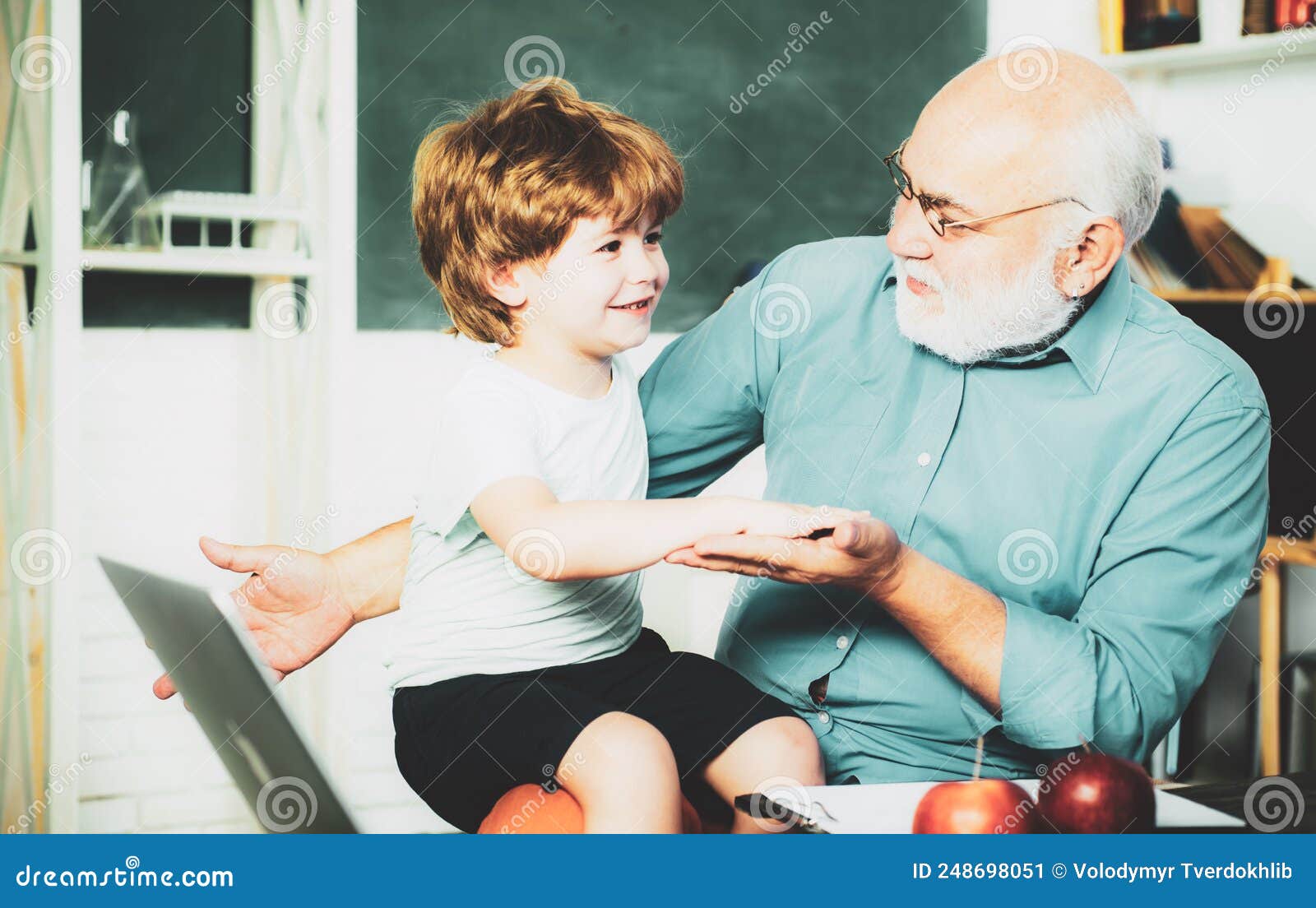 A Grandfather and a Toddler are Learning in Class. Boy from Elementary ...