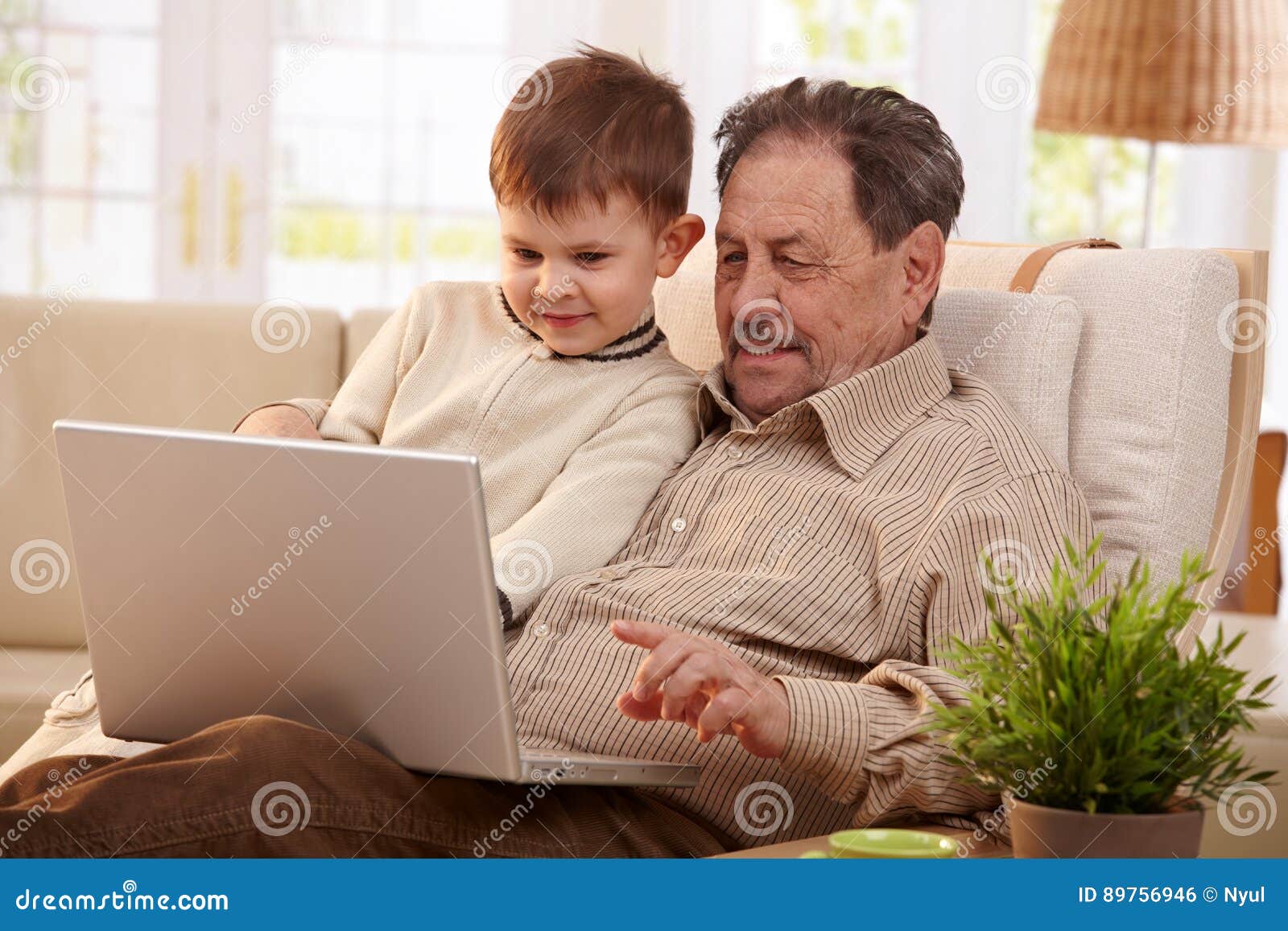 Grandfather Using Computer at Home Stock Photo - Image of elderly ...