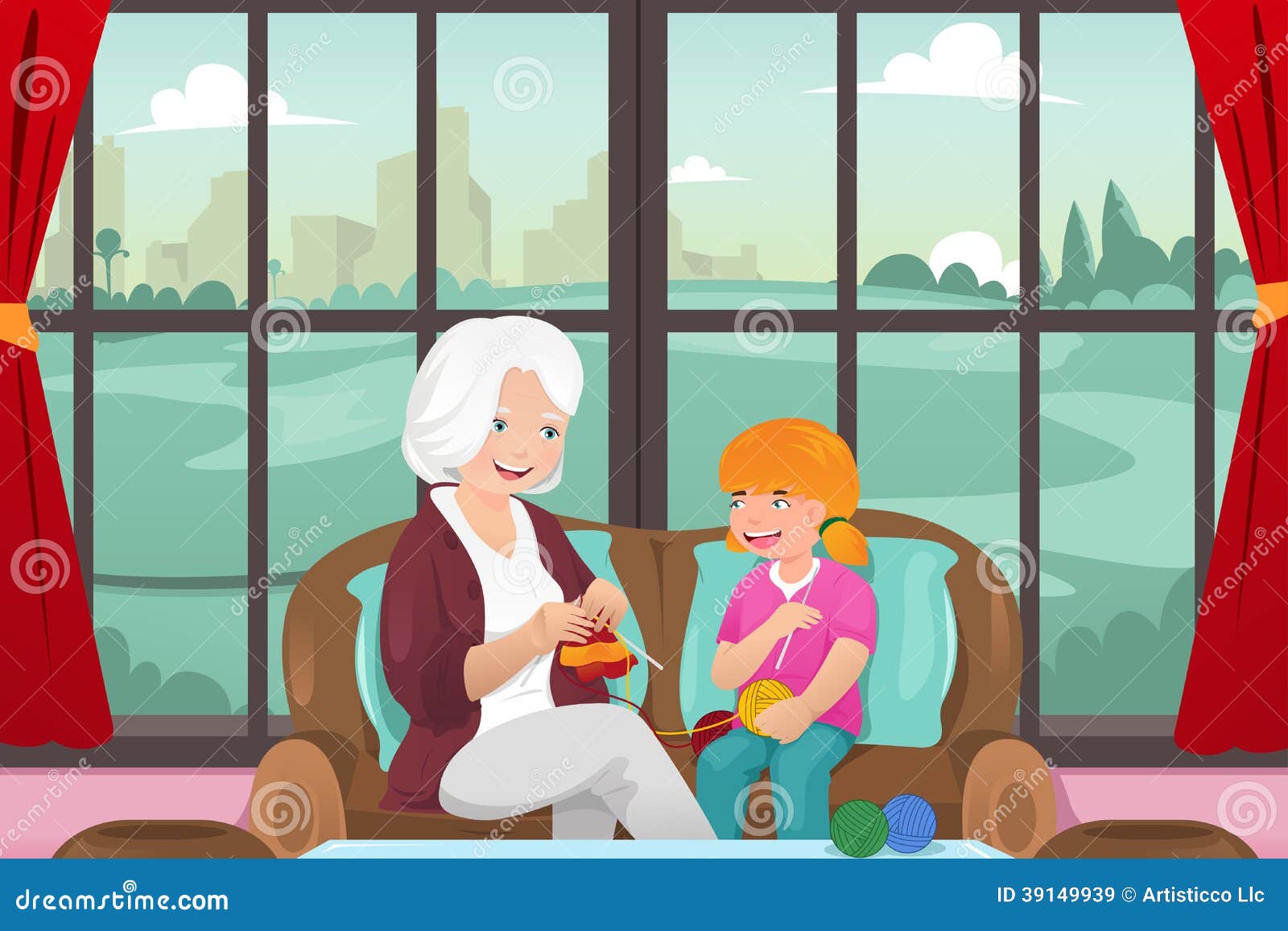 Grandma Teaching Her Granddaughter Knitting Stock Vector Illustration