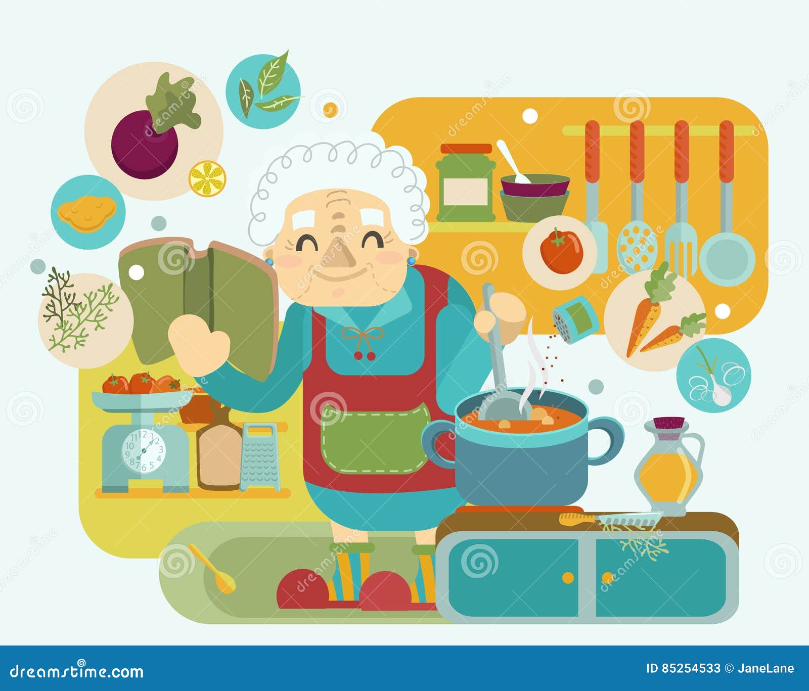 Grandmother Cooking Soup And Serving Chicken Vector Illustration ...