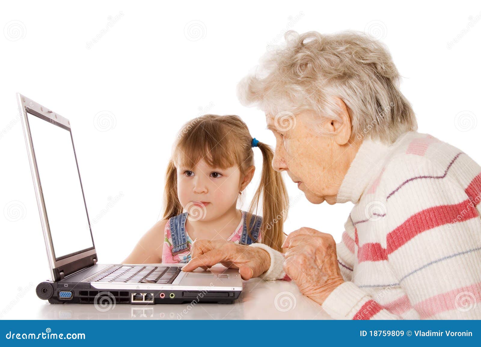 Grandmother At The Computer, An Old Woman In Headphones Looks At The ...