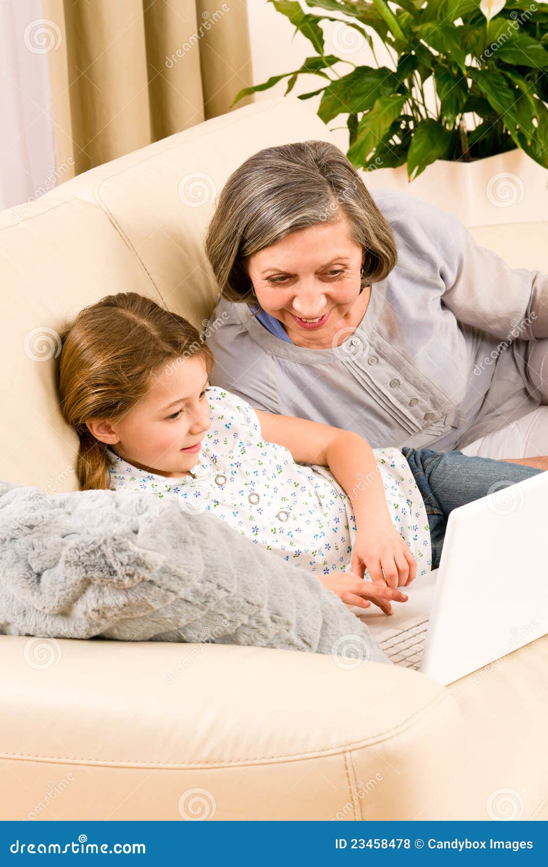 Grandmother with Granddaughter Use Computer Stock Photo - Image of ...
