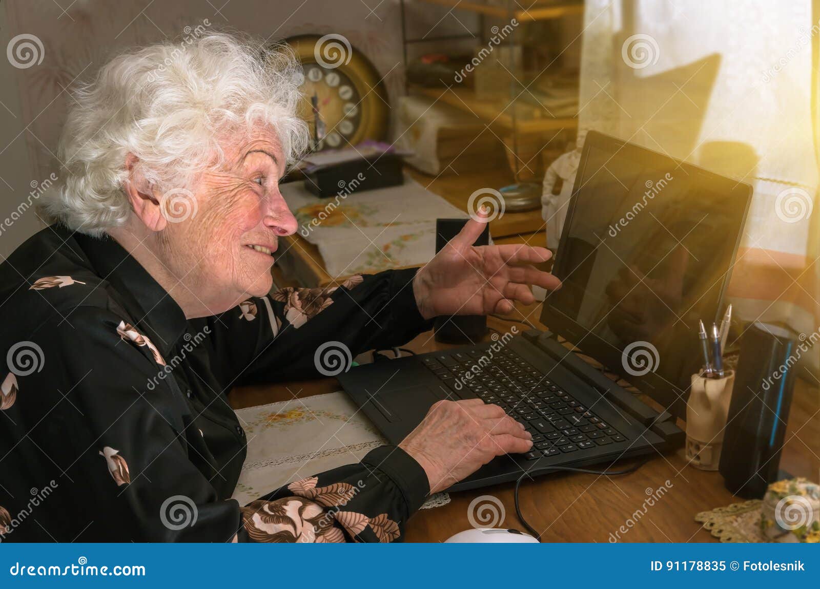 Grandmother Learns To Work at Home on the Computer Stock Image - Image ...