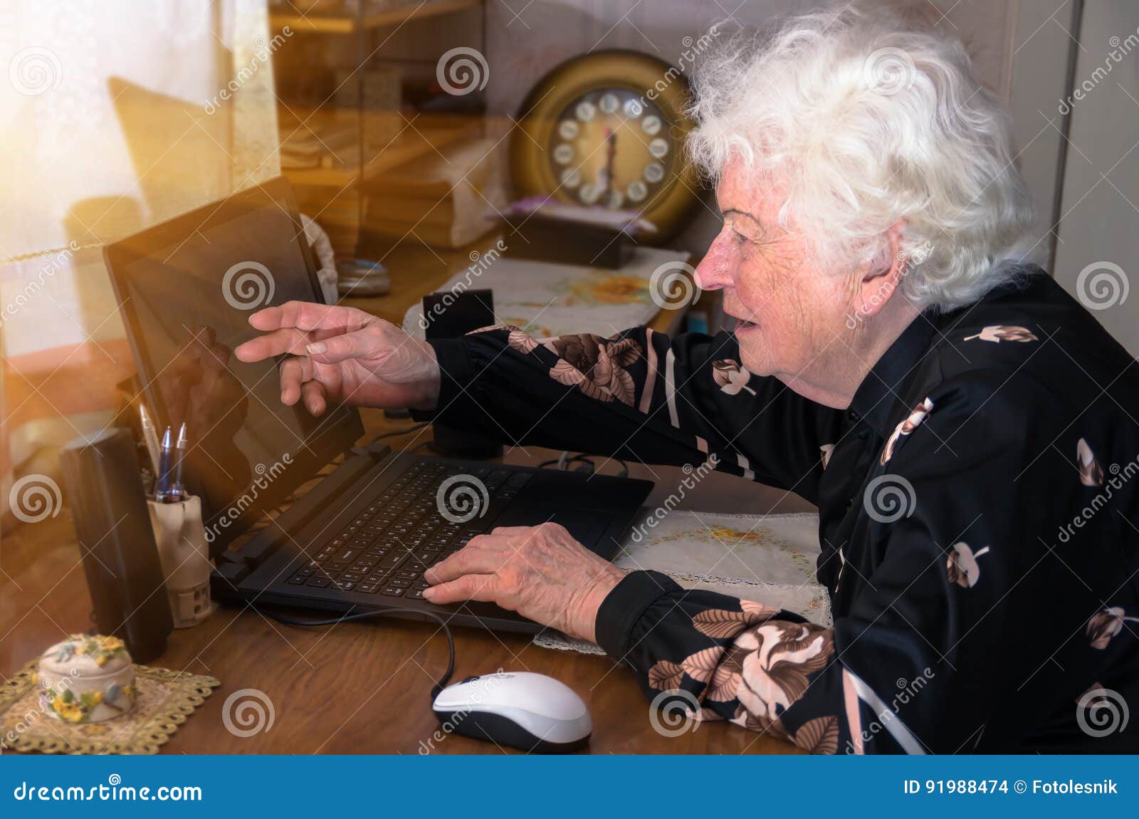 Grandmother Learns To Work at Home on the Computer Stock Photo - Image ...