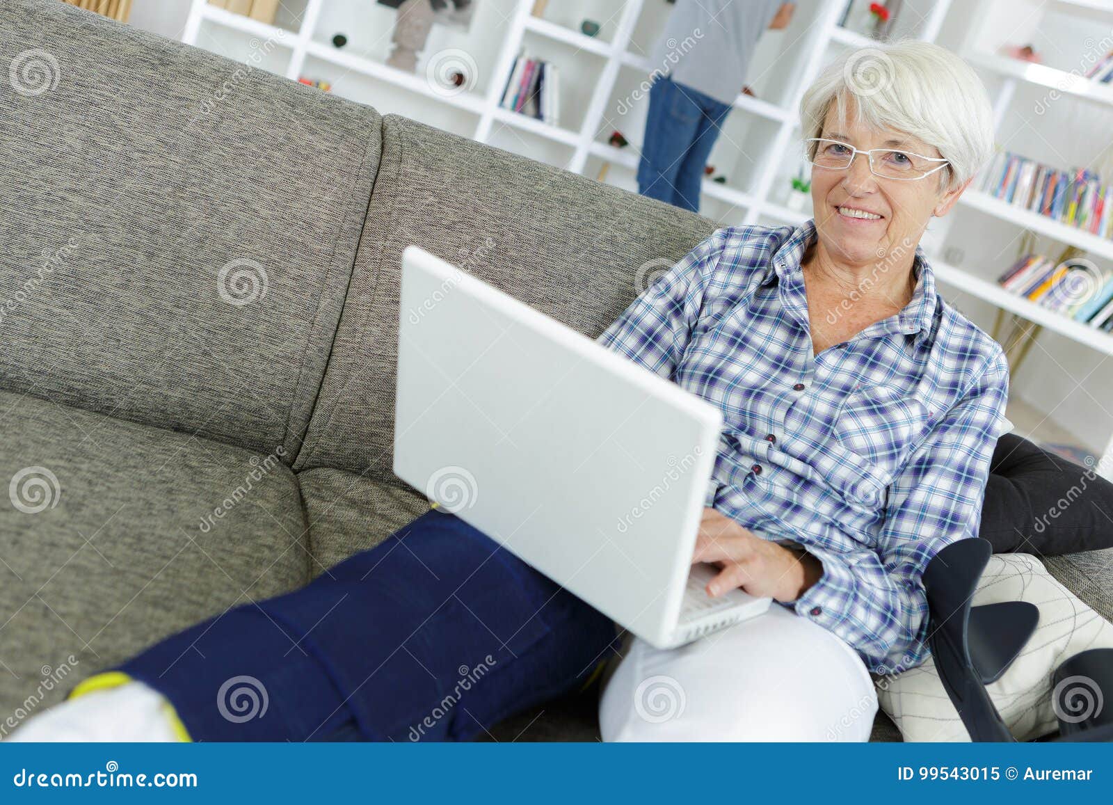 Grandmother Works with Laptop at Home Stock Image - Image of consumer ...