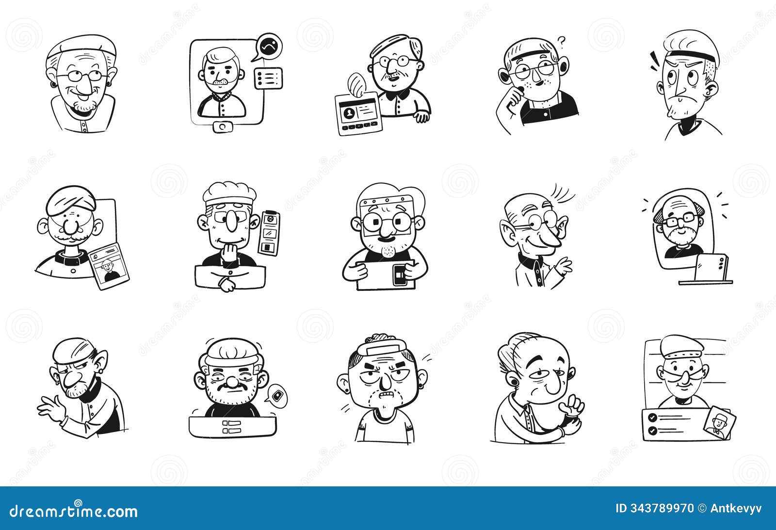 Grandpa User Account Avatar Doodle Line Art Stock Vector - Illustration ...