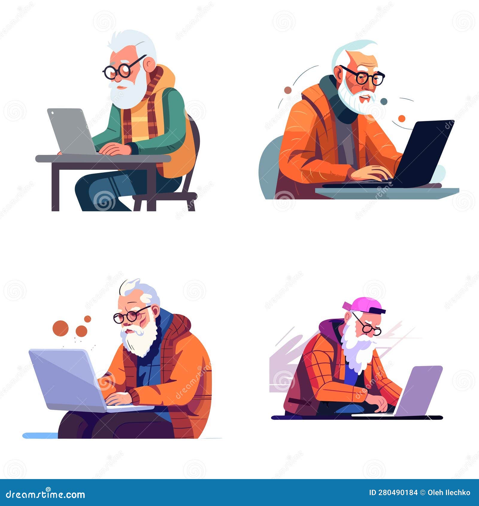 Grandpa Working on Laptop Set Vector Isolated Illustration Stock Vector ...