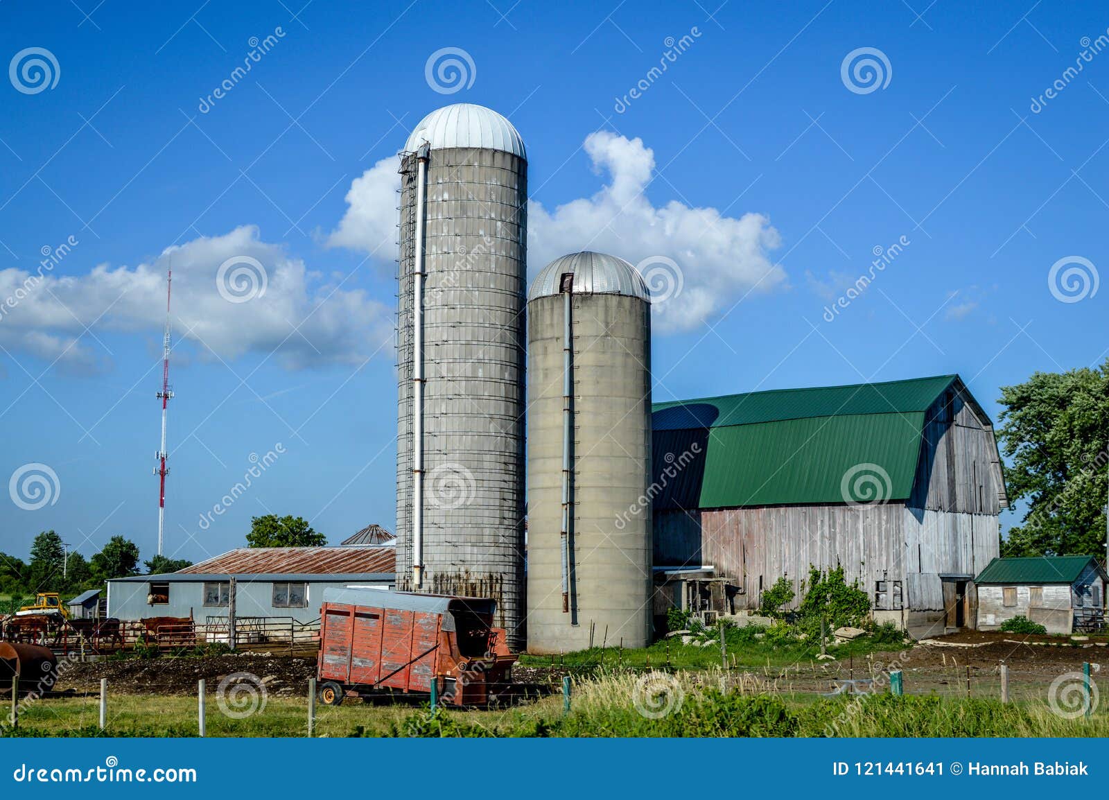 Granero De Madera Con El Tejado Verde Y Dos Silos Imagen de archivo ...
