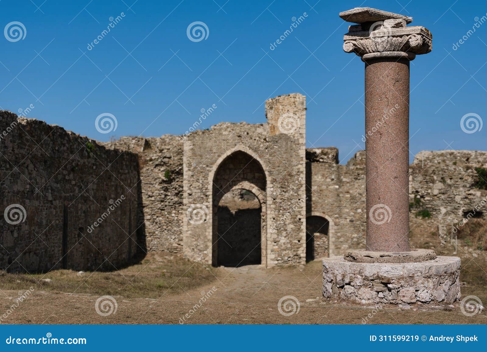Granite Column “Square of Arms”, Methoni Castle Stock Image - Image of ...