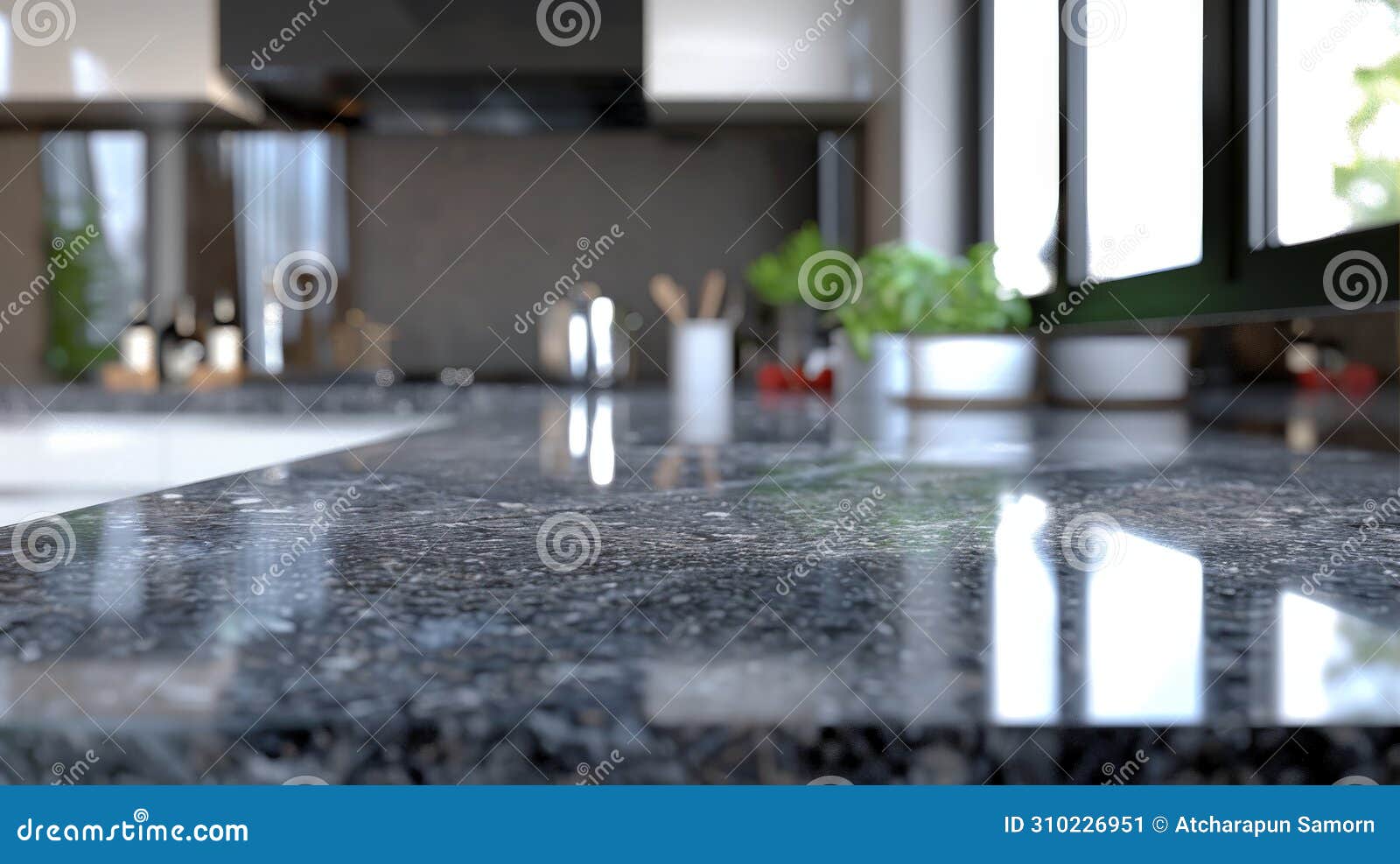 A Granite Kitchen with a Countertop that Has a Reflection of a Sink ...