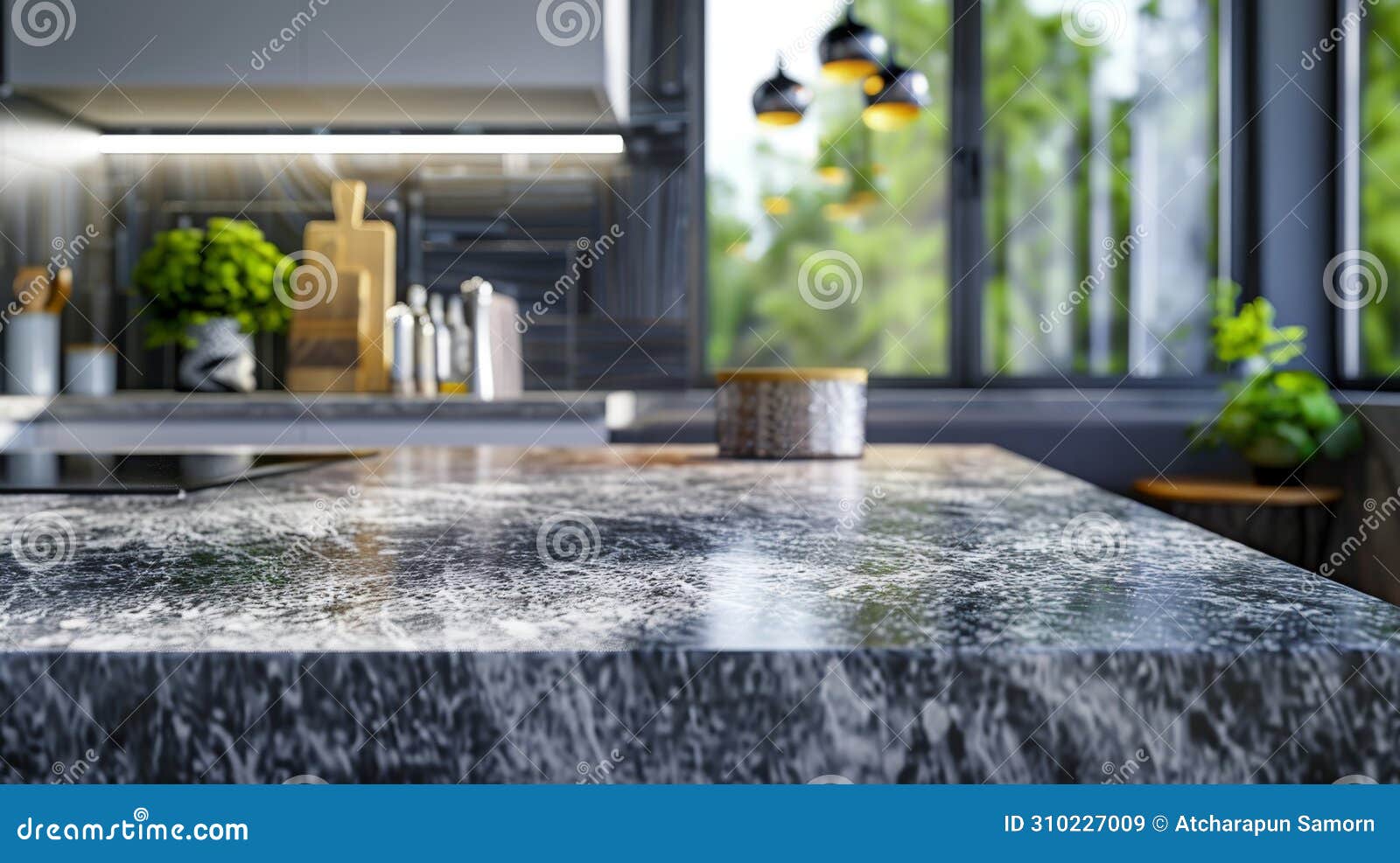 A Granite Kitchen with a Countertop that Has a Reflection of a Sink ...