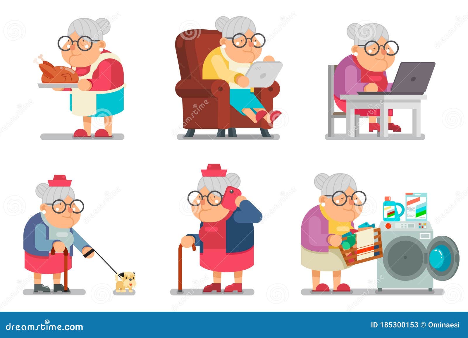 Granny Character Cartoon Design Set Flat Vector Illustration Stock ...