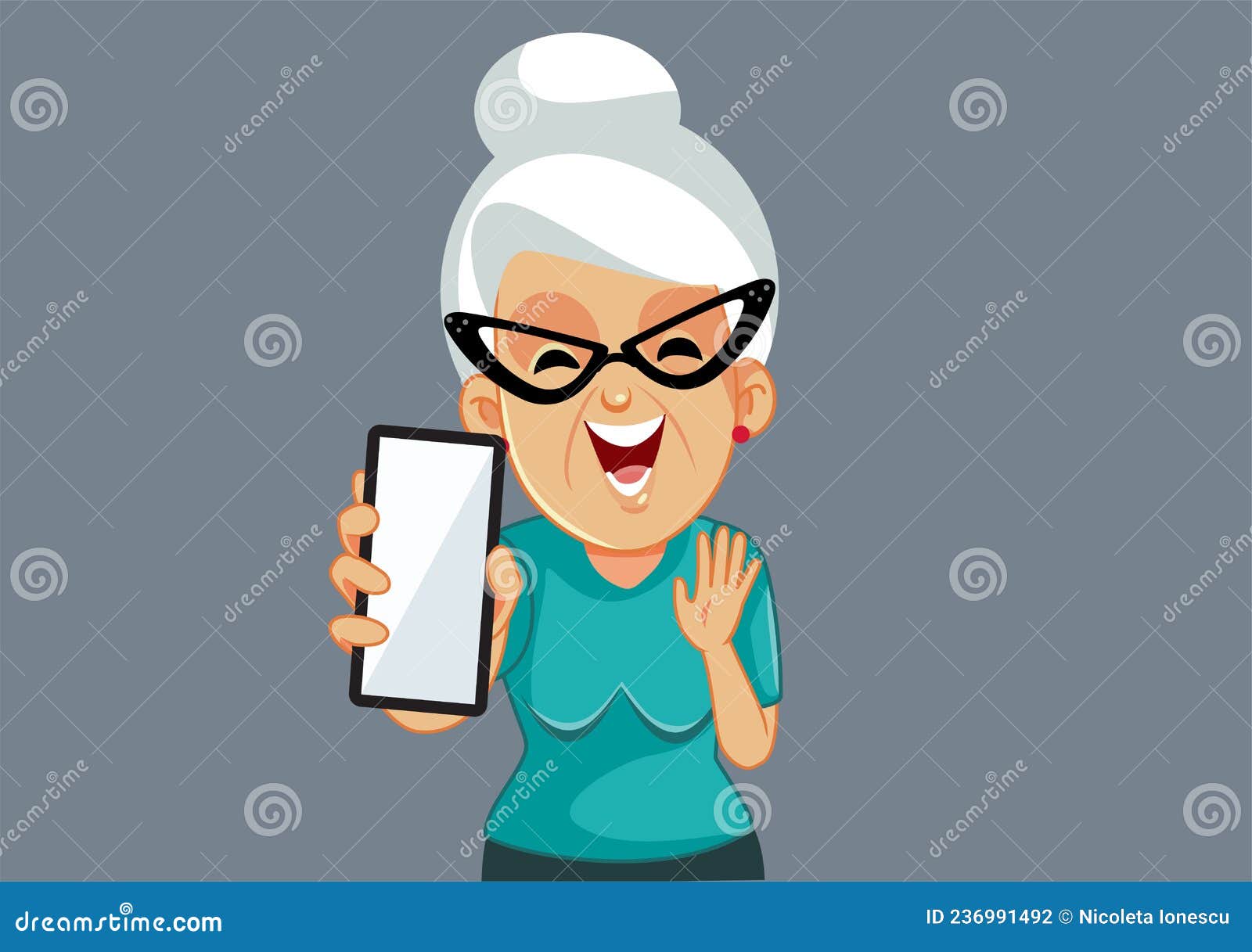 Happy Granny Showing Blank Smartphone Screen Vector Cartoon Stock ...