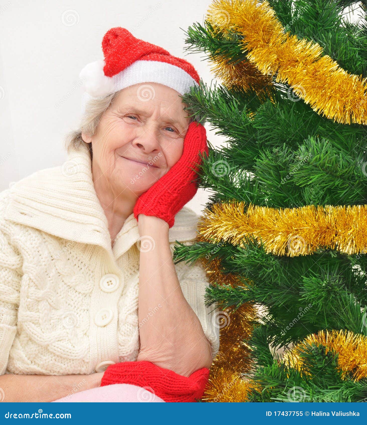 Granny in Red Santa Claus Hat and Red Mittens Stock Image - Image of ...