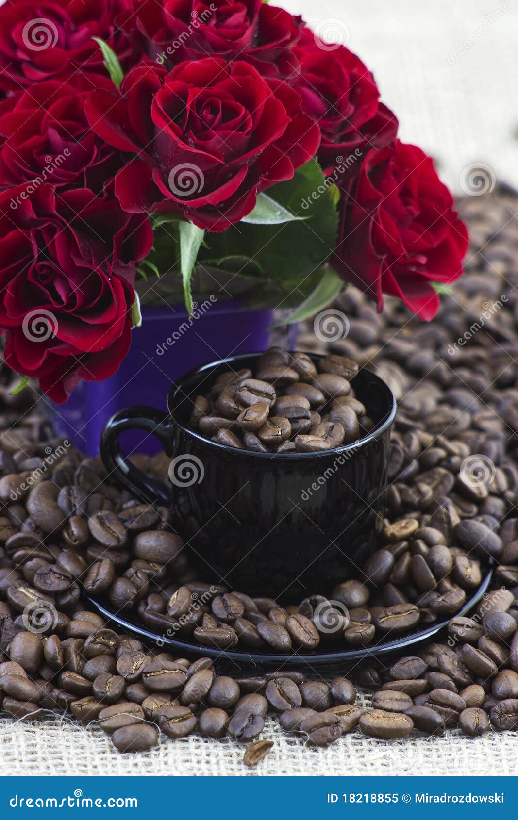 Granos De Café Y Rosas Rojas Imagen de archivo - Imagen de flor ...