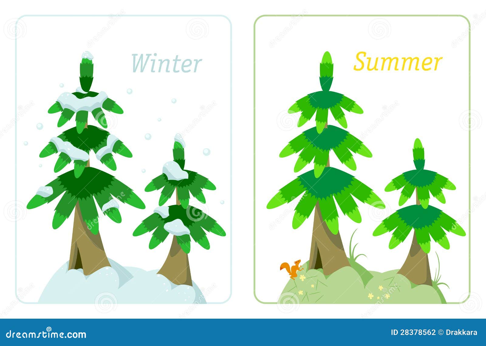 Grantree I Sommar Och Vinter Vektor Illustrationer - Illustration av ...