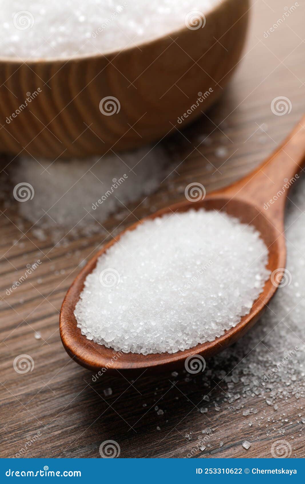 Granulated Sugar on Wooden Table, Closeup View Stock Photo - Image of ...