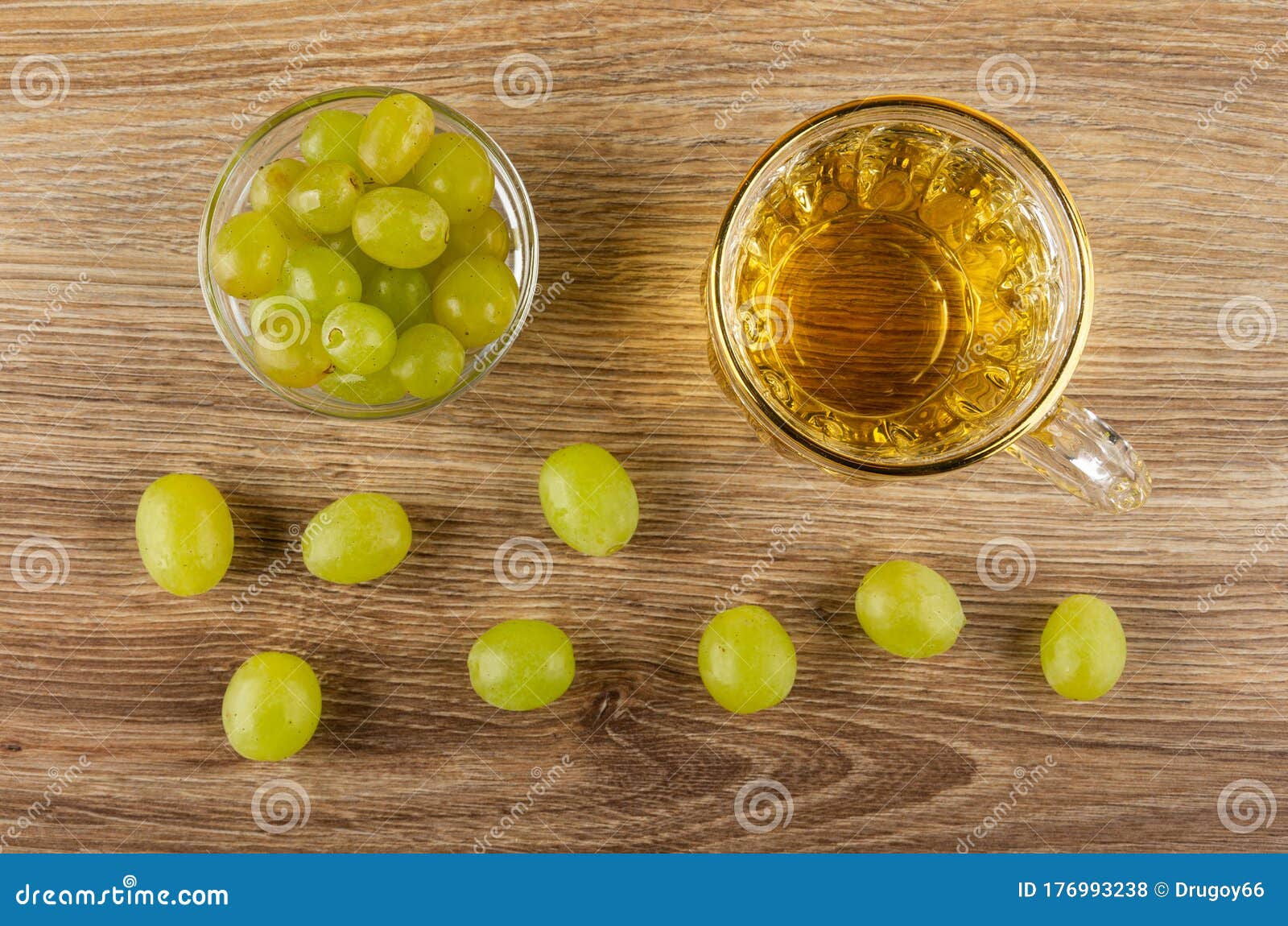 Grape in Bowl, Scattered Grape, Cup with Grape Juice on Table. Top View ...