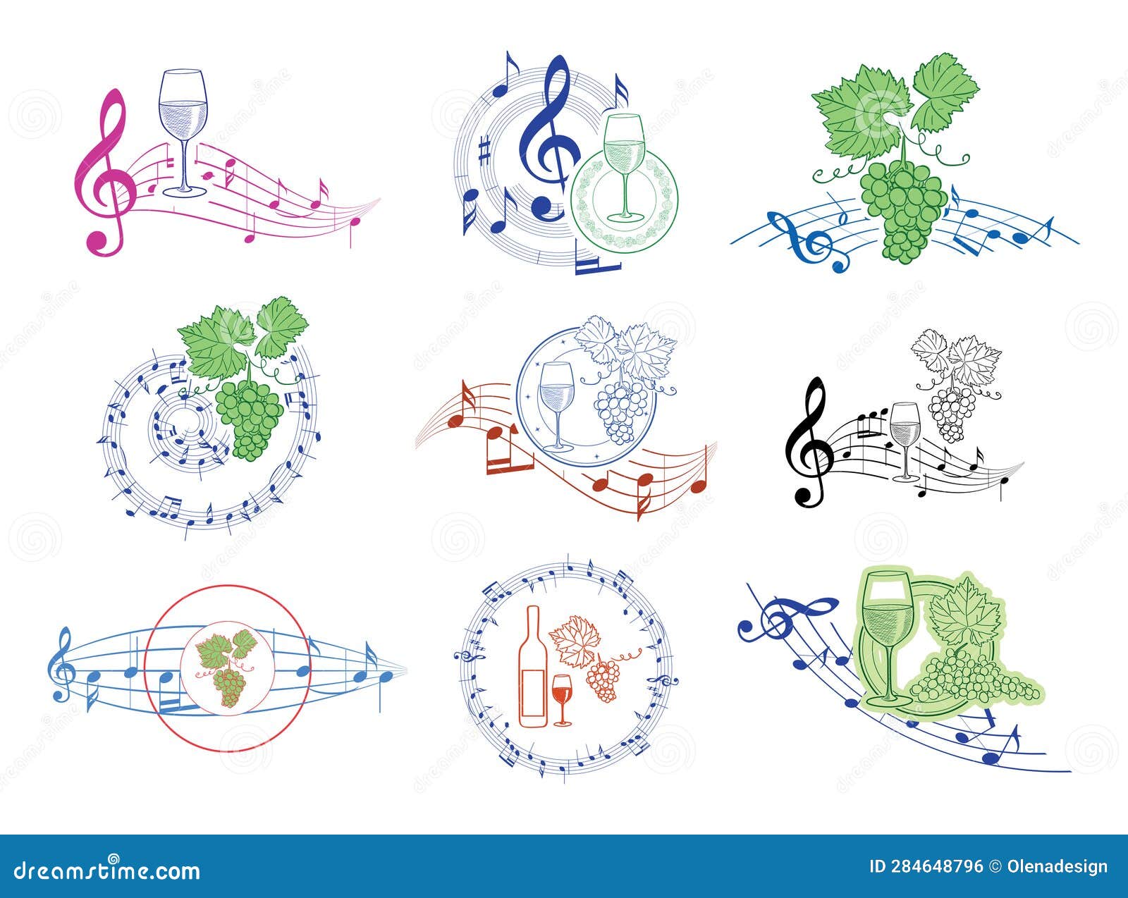 Grape Bunches and Wine Glasses with Music Notes - Vector Decorative ...