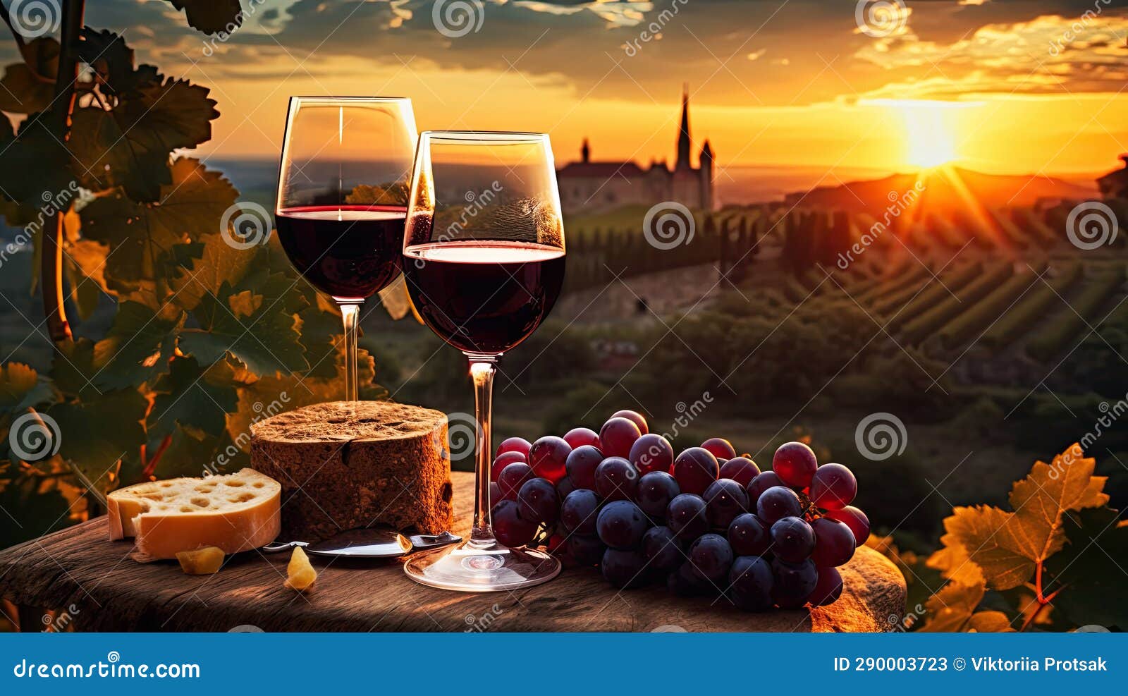 Grape Field at Sunset, Bunches of Grapes and Glasses of Red Wine Stock ...