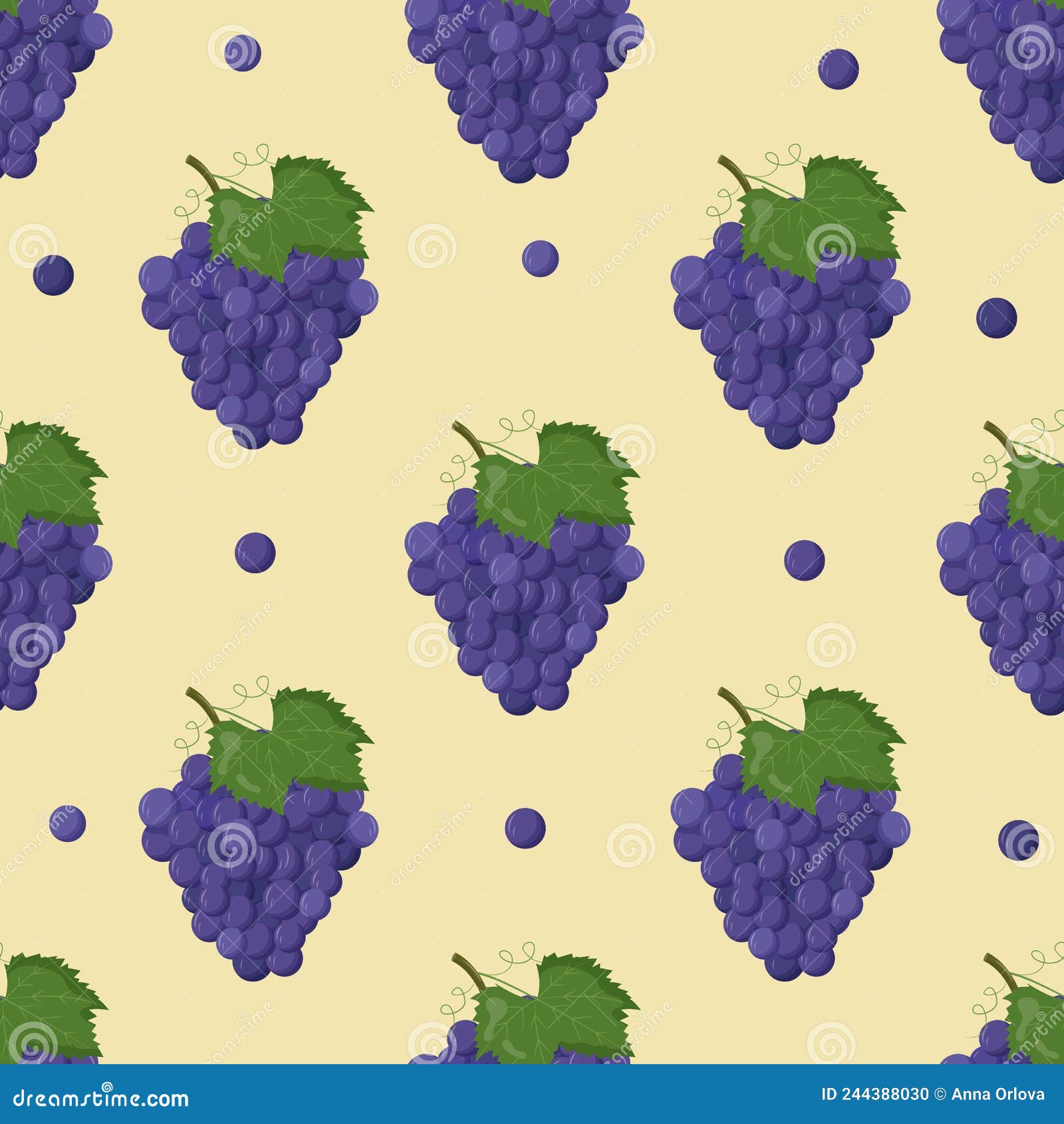 Grape with Green Leaves Seamless Pattern. Flat Vector Illustration ...