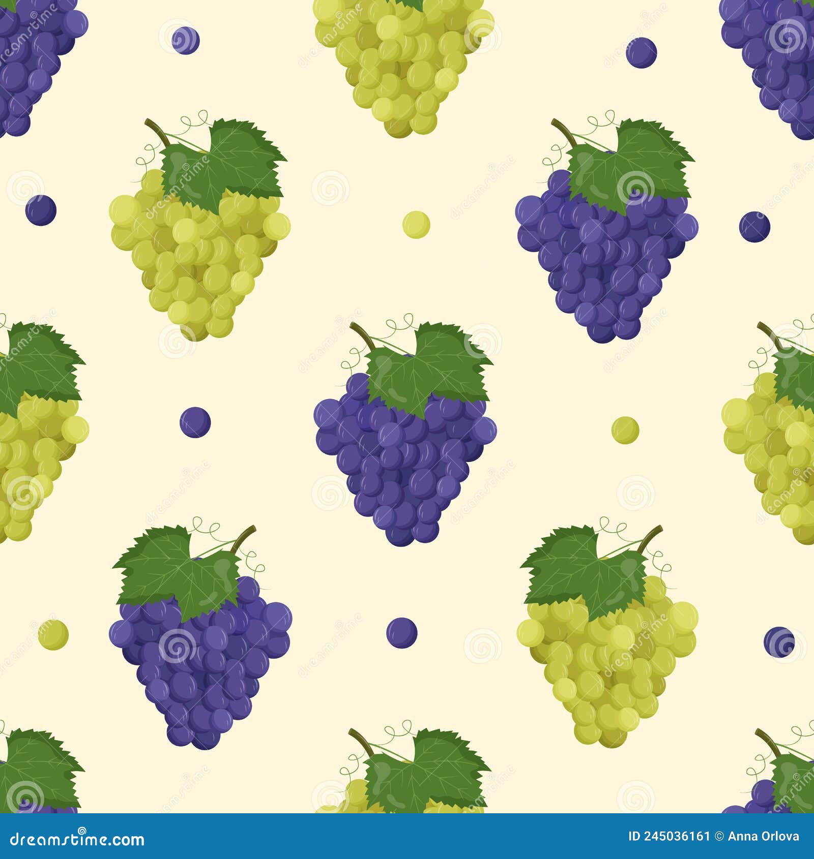 Grape with Green Leaves Seamless Pattern. Flat Vector Illustration ...