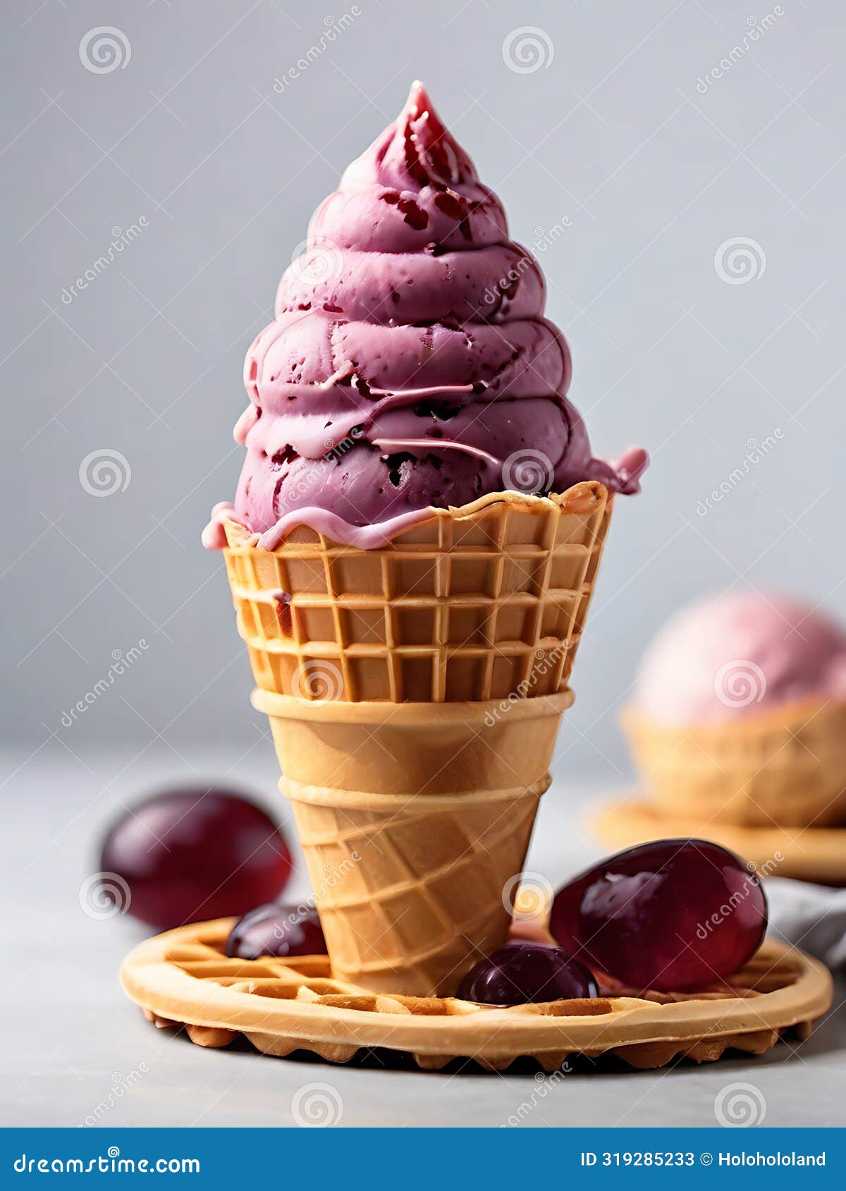 A Grape Ice Cream on Waffle Cone on Isolated White Backdrop Stock ...