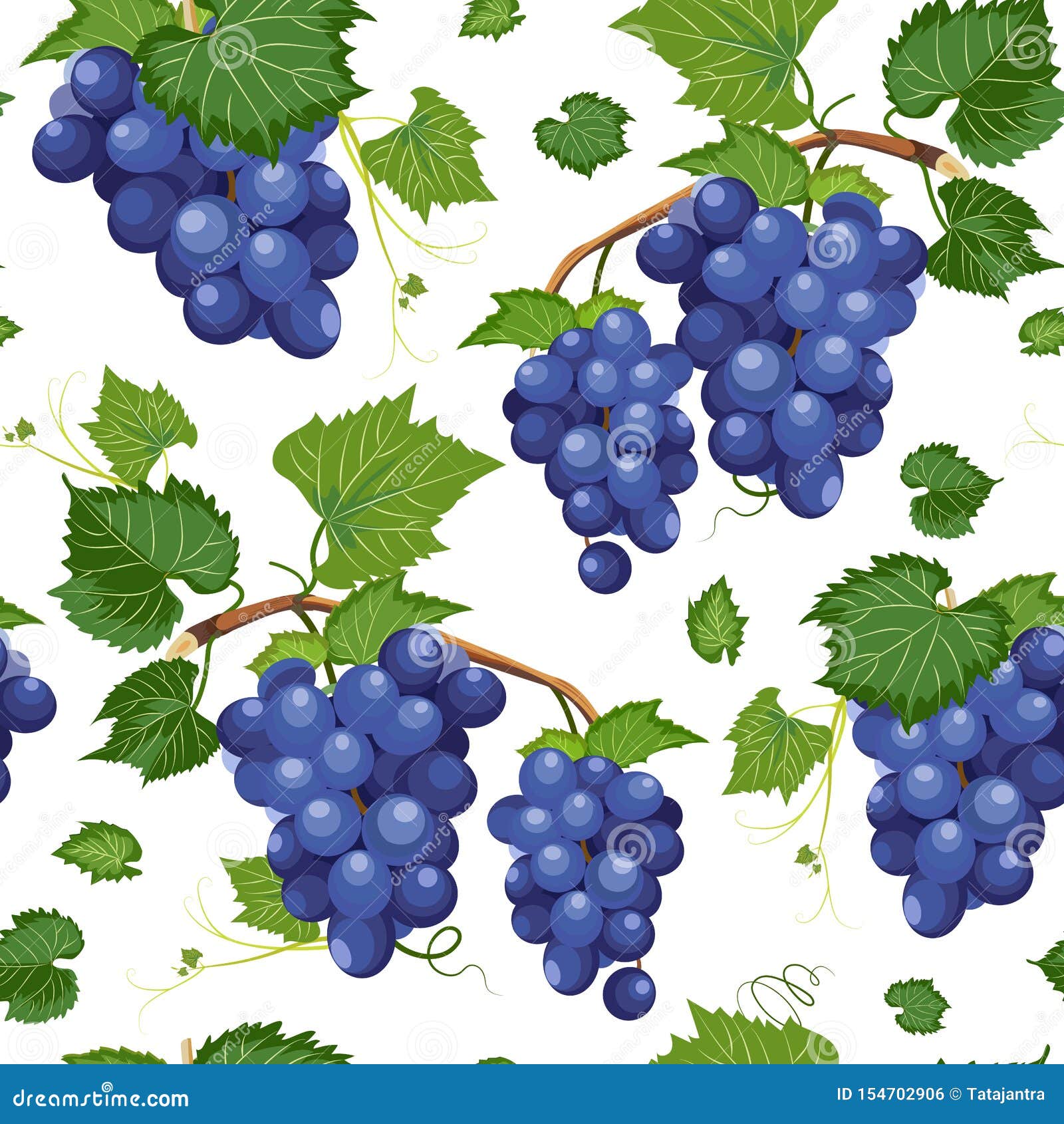 Grape Vine Seamless Pattern and Leaves on White Background, Fresh ...
