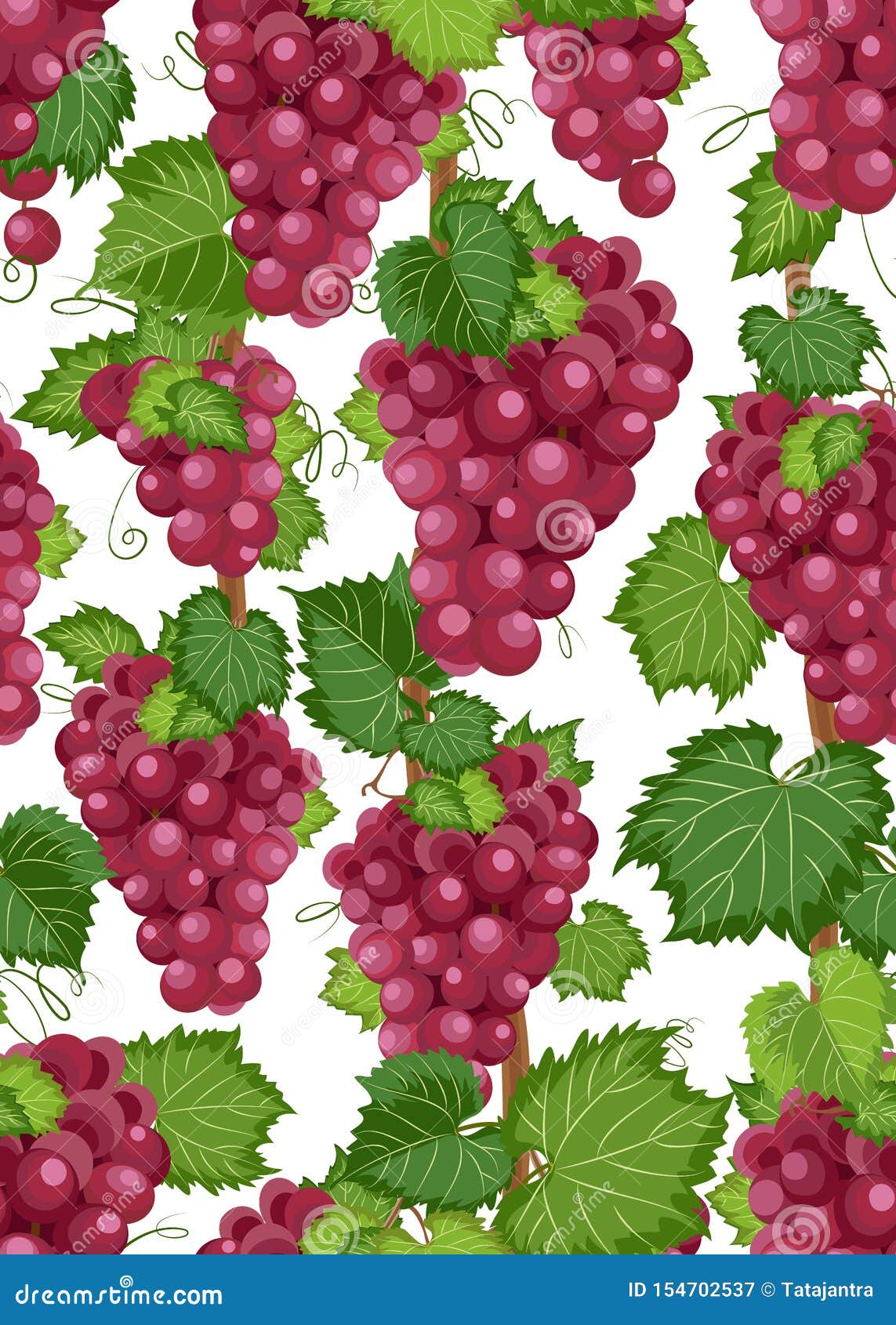Grape Vine Seamless Pattern and Leaves on White Background, Fresh ...