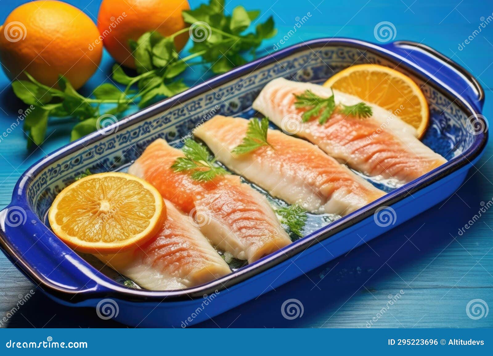Grapefruit Marinated Fish Fillets on Blue Platter Stock Photo - Image ...