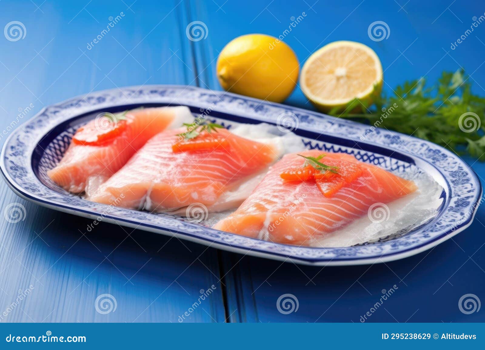 Grapefruit Marinated Fish Fillets on Blue Platter Stock Image - Image ...