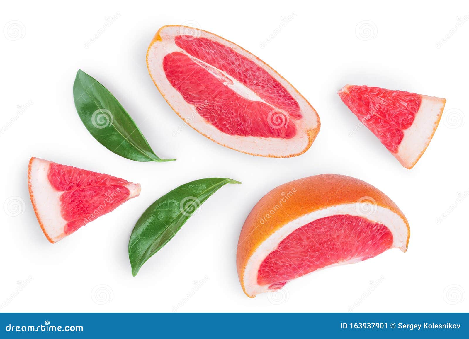 Grapefruit and Slices with Leaves Isolated on White Background. Top ...