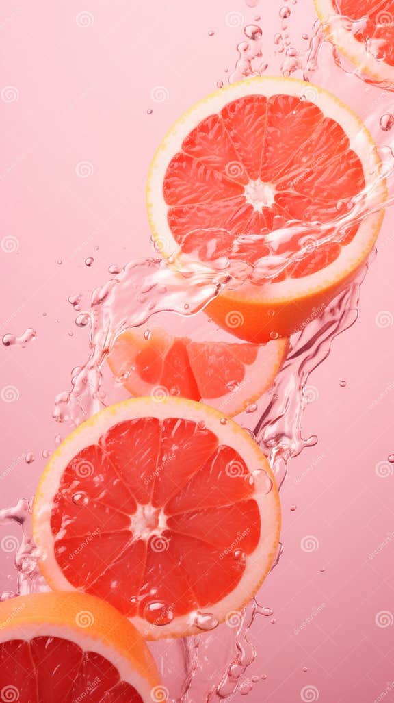 Grapefruit in a Splash of Water and Grapefruit Juice on a Pink ...