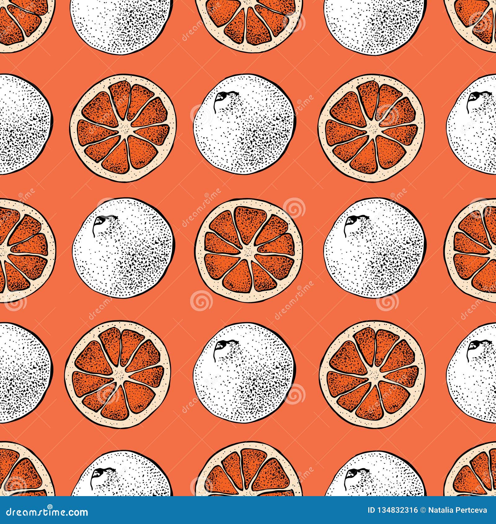 Grapefruit Vector Seamless Pattern. Hand Drawn Objects with Sliced Piece of Pomelo on a Red ...