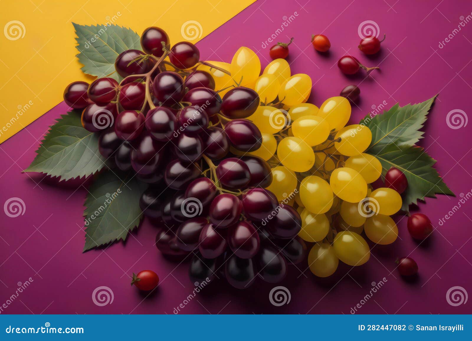 Grapes and Cherry on a Colored Background, Top View. Generative Ai ...