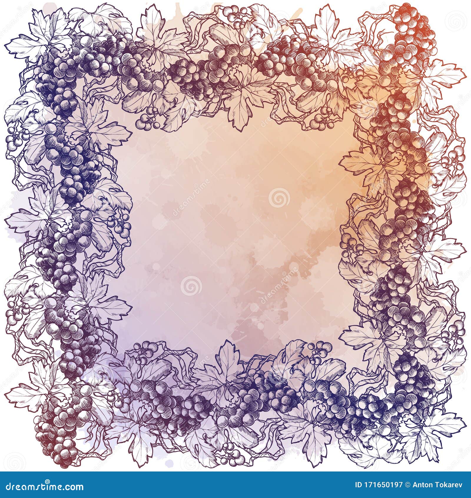 Grapes Clusters with Leaves. Decorative Rectangular Frame. Linear ...