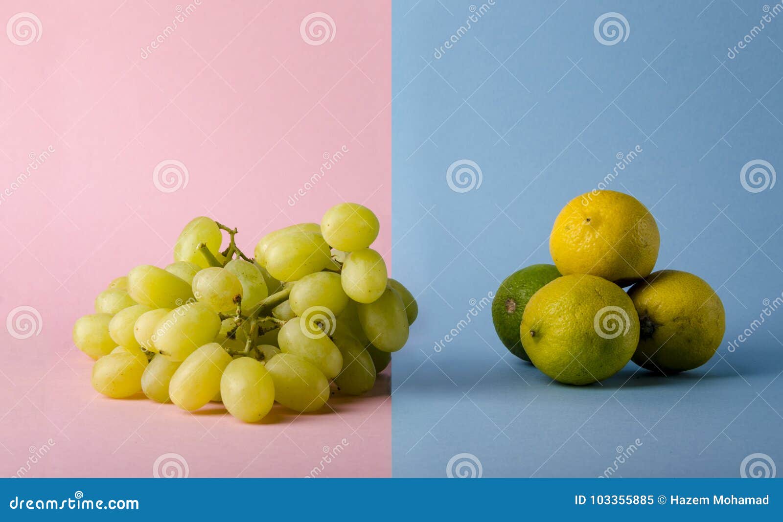 Grapes and Lemon Concept Over a Creative Modern Backgro Stock Image ...