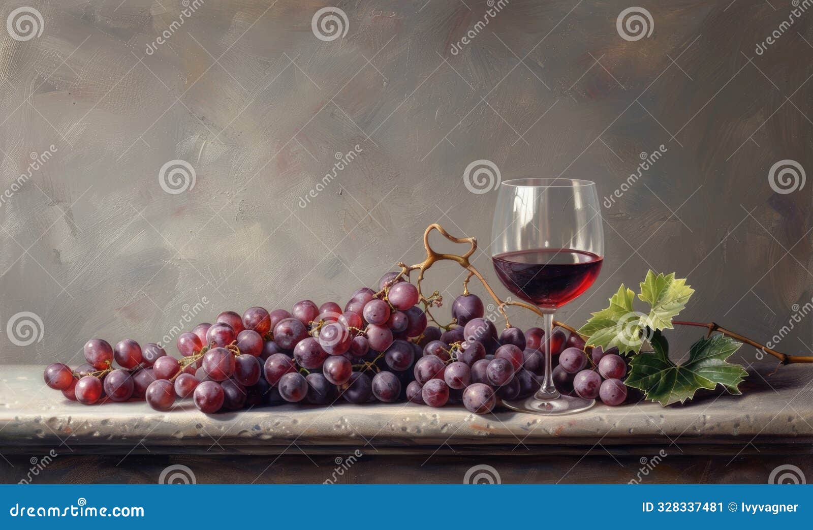 Grapes on a Neutral Grey Background with a Glass of Red Wine Stock ...