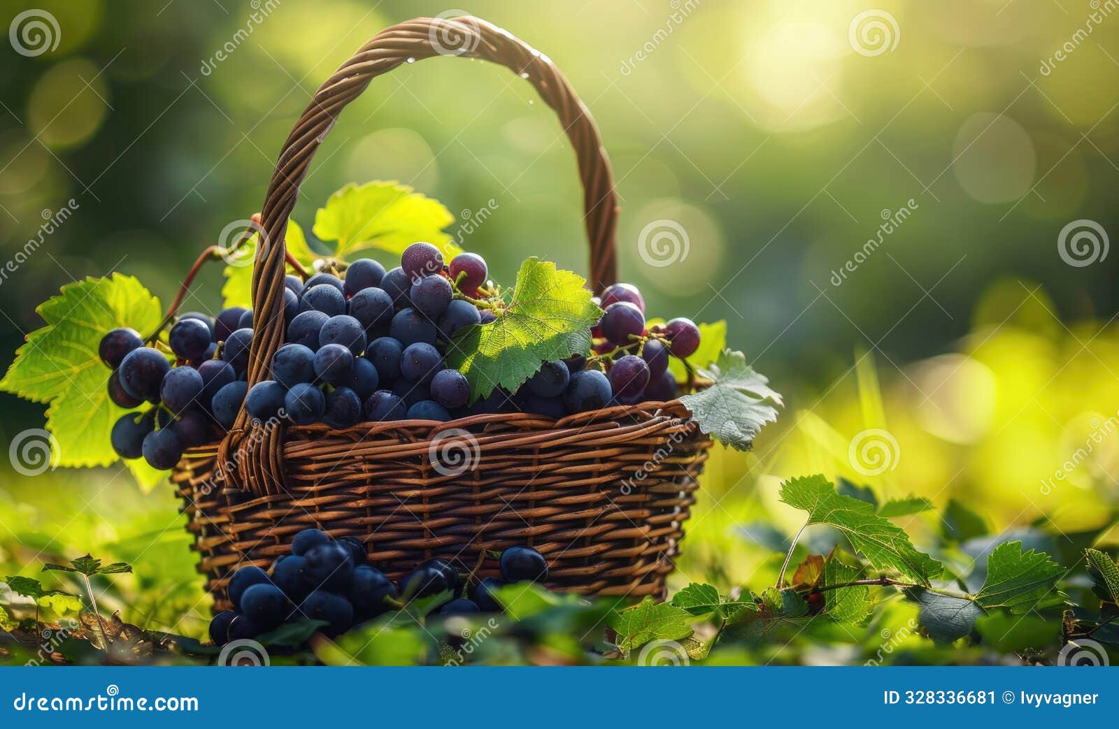 Grapes in a Simple Basket with a Green Countryside Background Stock ...