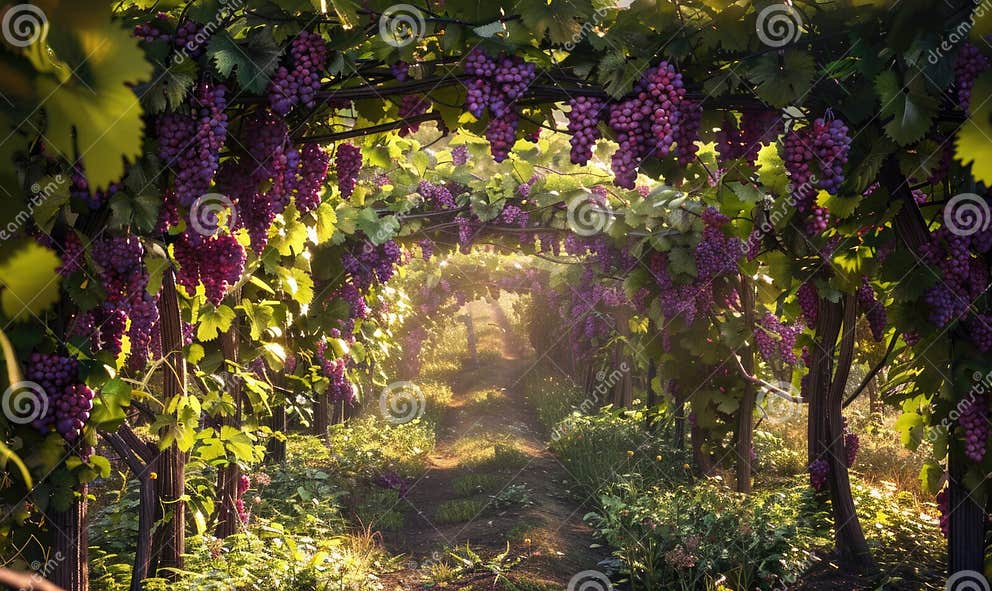 Grapes on Vines with Rustic Vineyard Setting Stock Photo - Image of ...