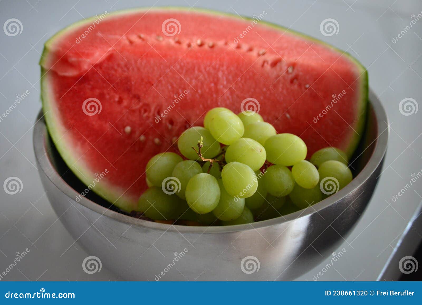 Grapes with Watermelon in a Metal Bowl Stock Photo - Image of ...