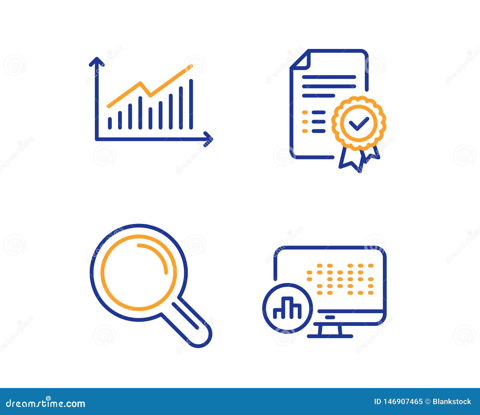 Graph, Certificate and Research Icons Set. Report Statistics Sign ...