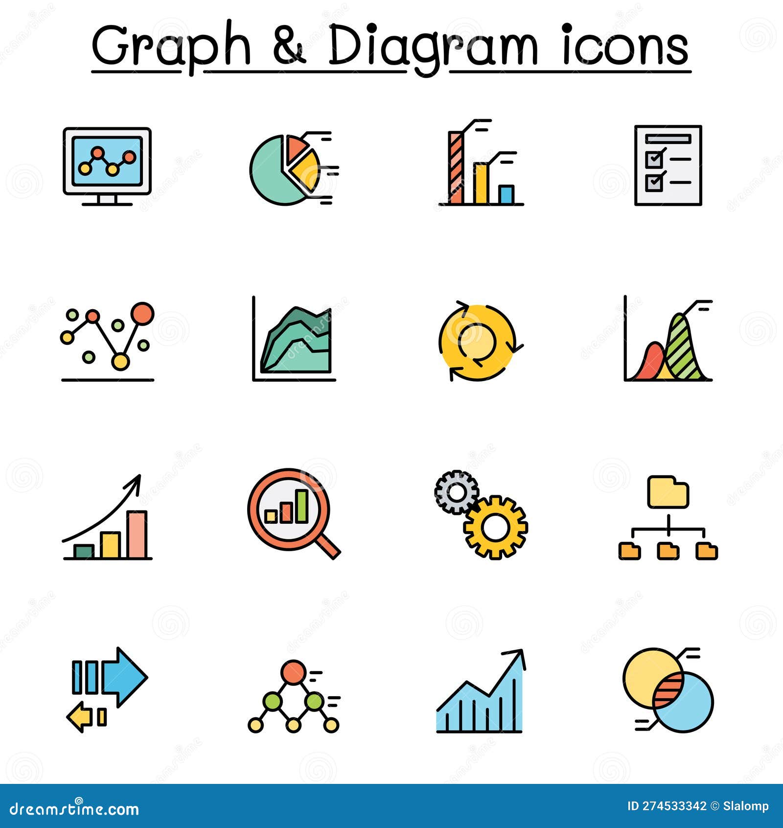 Graph, Data, Chart and Diagram Color Line Icon Set Stock Vector ...