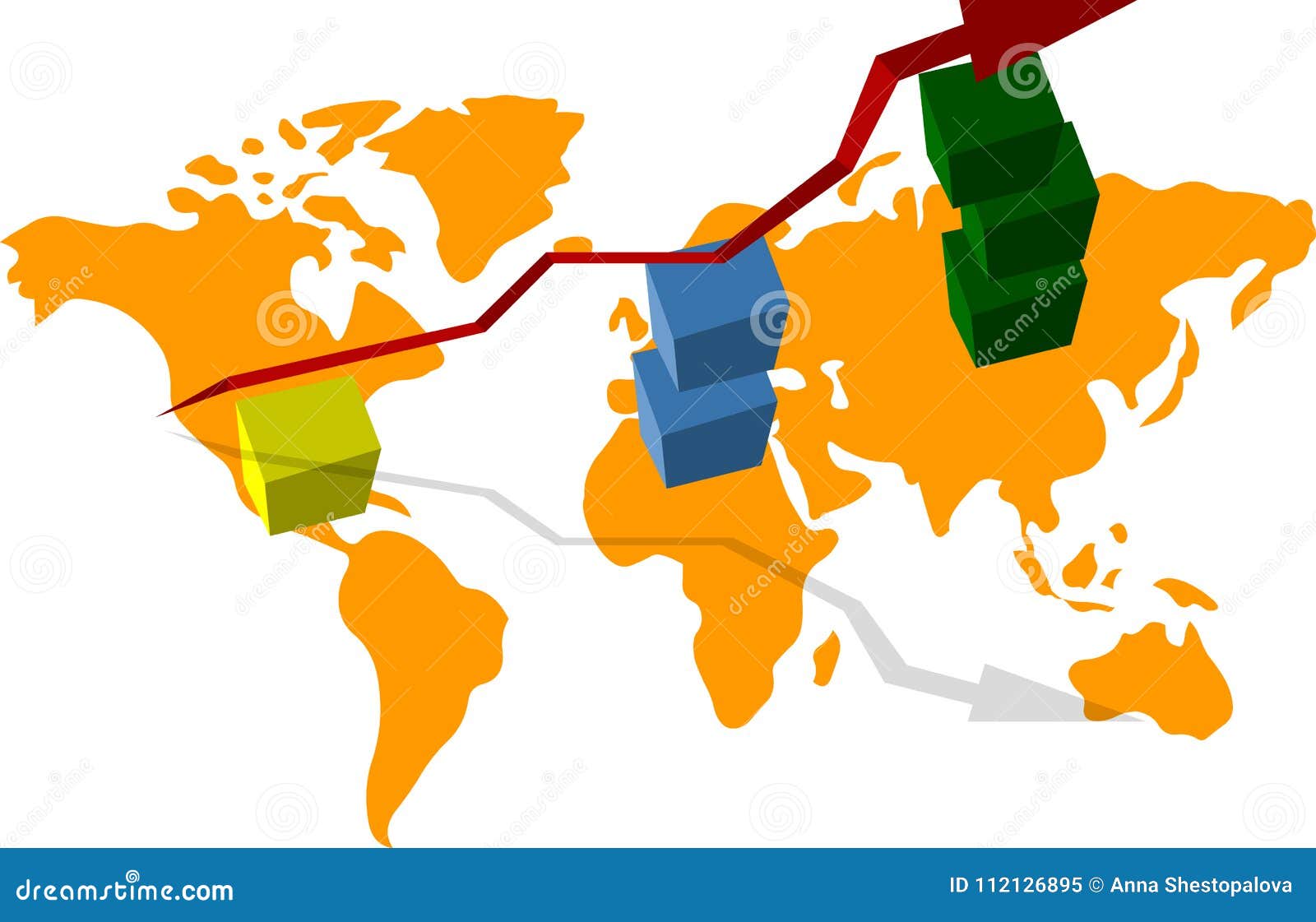 Graph of Economic Growth, World Map, Growing Cubes, and the Arrow in ...