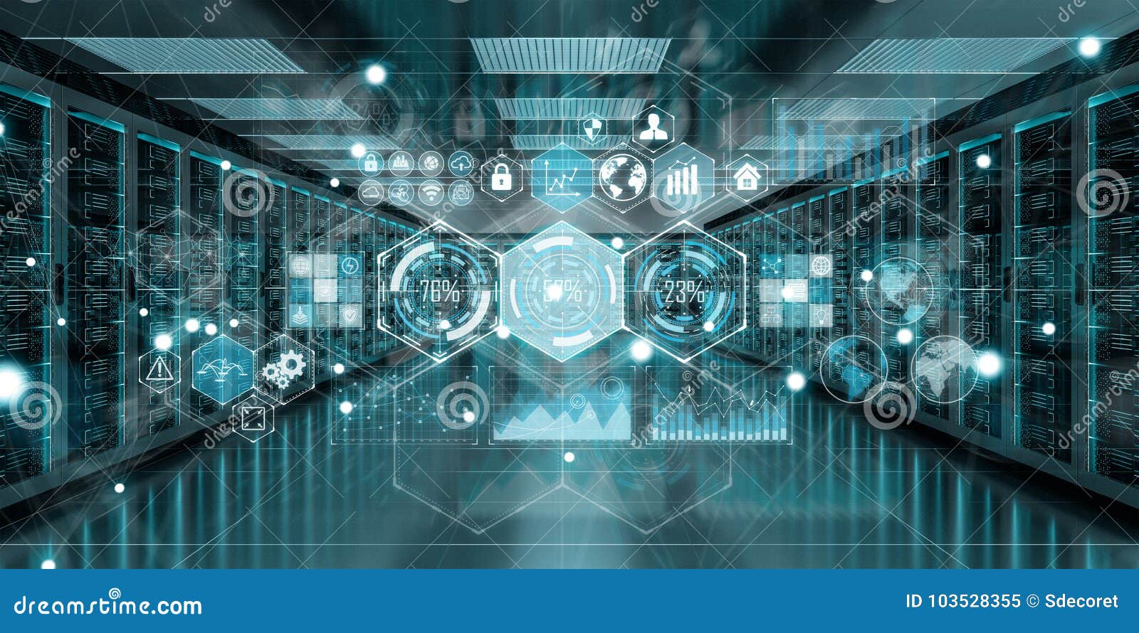 Graph Holograms Flying Over Server Room Data Center 3D Rendering Stock ...