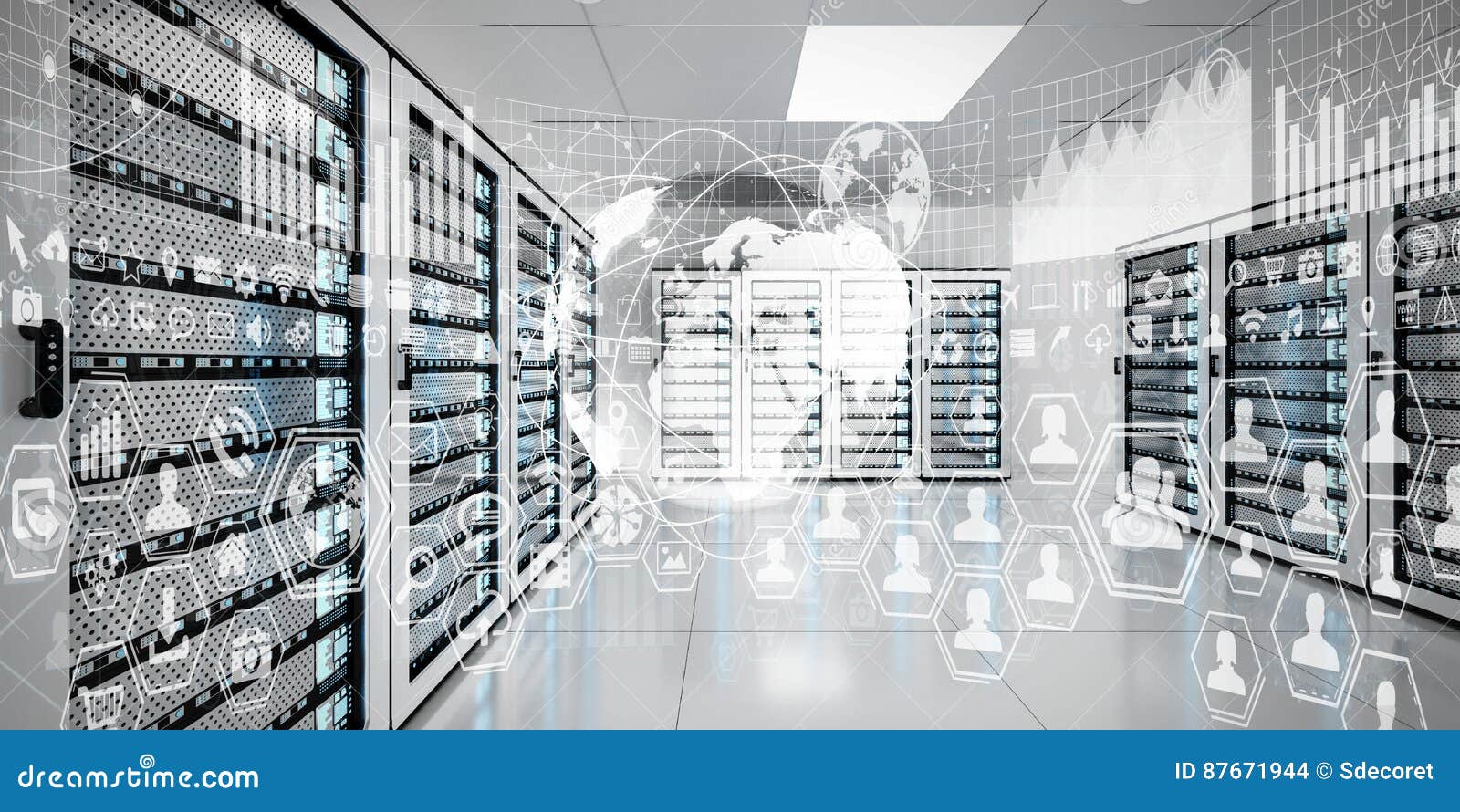 Graph Holograms Flying Over Server Room Data Center 3D Rendering Stock ...